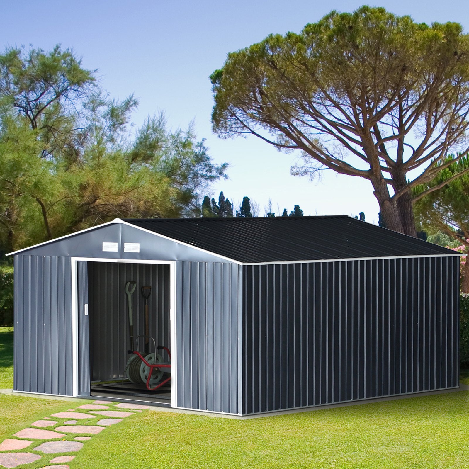 Outsunny 11.2ftx12.5ft Garden Storage Tool Shed Double Sliding Door 4 ...